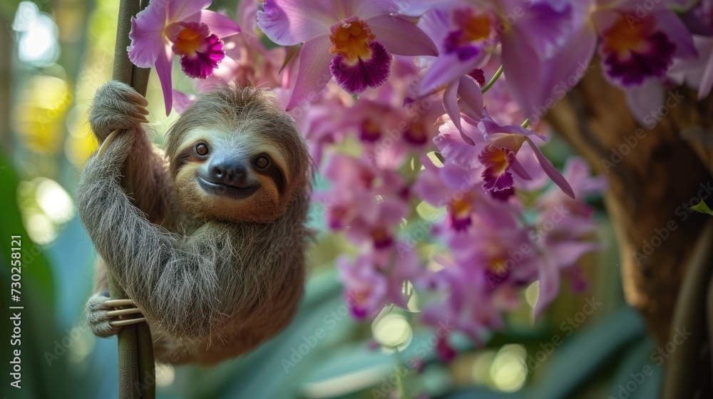 a sloth hanging upside down on a tree branch with purple flowers in the ...