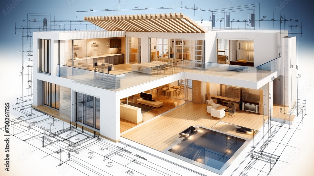 vision of architecture of a 3d model house project with blueprint Stock ...
