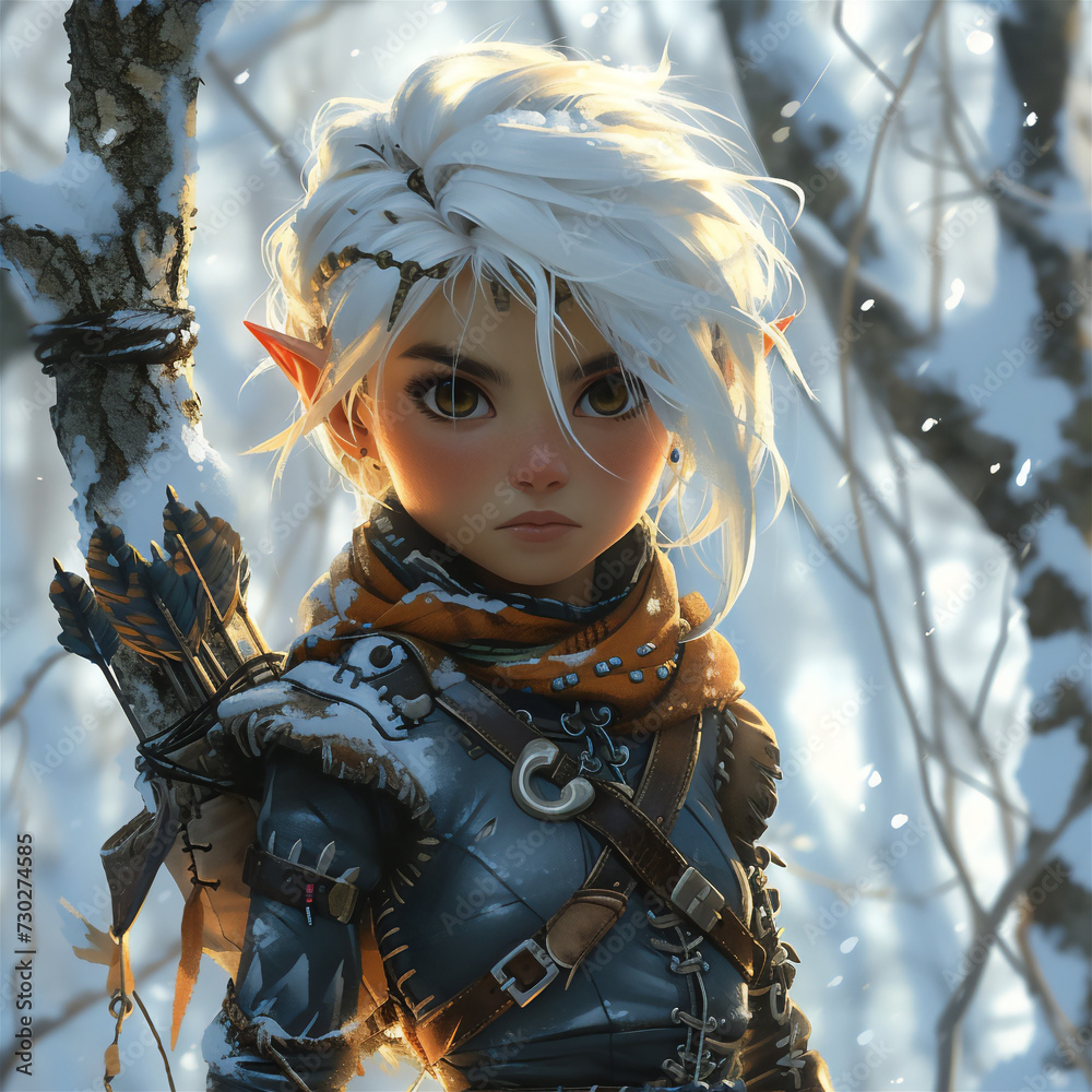 Elf character with bow and arrow scouting on a tree branch hidden in ...