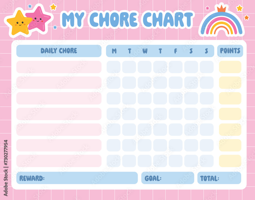 Chore chart for kids. Weekly planner, reward chart for children. Daily ...
