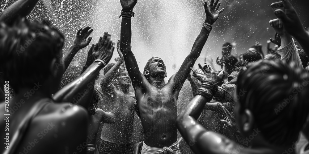 Euphoric crowd of people celebrating with raised hands, capturing the powerful moment of joy and ...