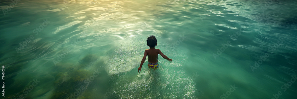 Child wading into shimmering aqua waters under a golden light, with a ...