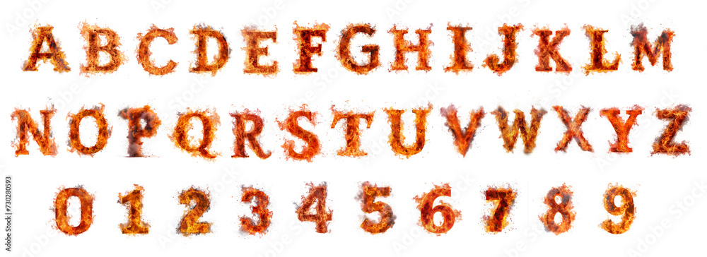Fire and burning flames alphabet letters and numbers isolated on ...