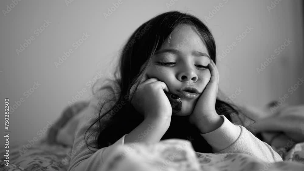 Sad depressed little girl laid in bed holding head with hands in chin ...