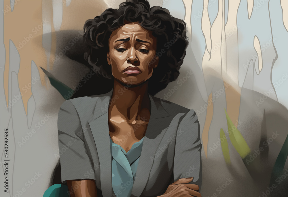 middle-aged African woman in a stylish suit. Sad harsh emotions on the ...