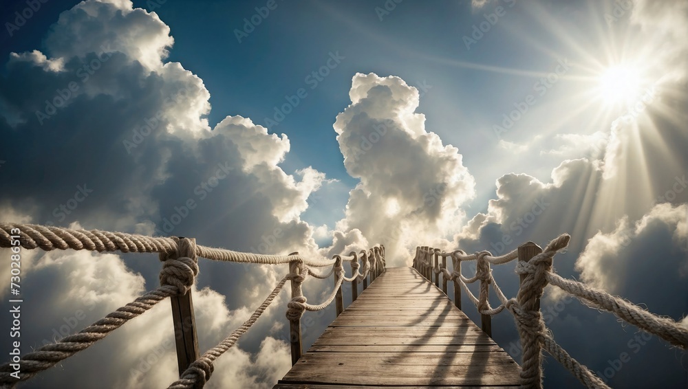 Mystical rope bridge ascending into clouds with sunlight illuminating ...