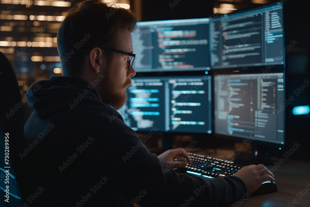 Focused Software Developer Working Late in a High-Tech Office, Programming on Multiple Computer ...