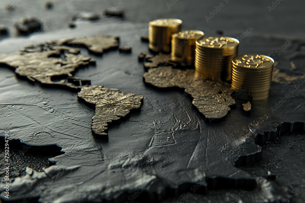 Coin stack with black world map background, financial graph, world map ...