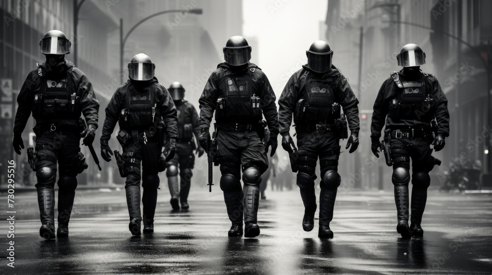Full body squad of police officers in protective gears with guns ...