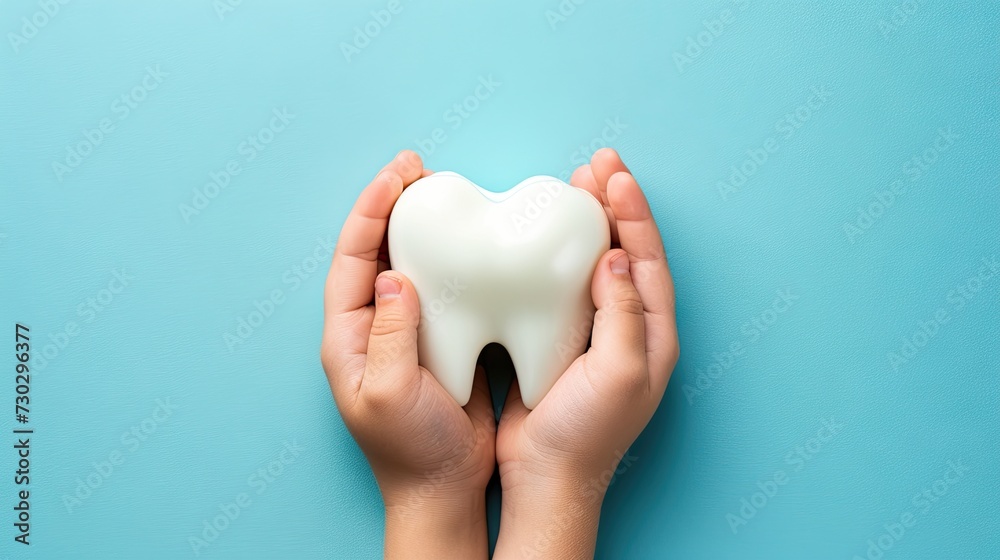 Children's hands delicately cradle a big tooth in a top-view flat lay ...