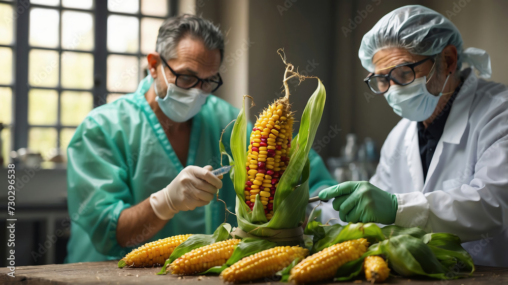 GMO food concept. Male scientists grows genetically modified corn in ...
