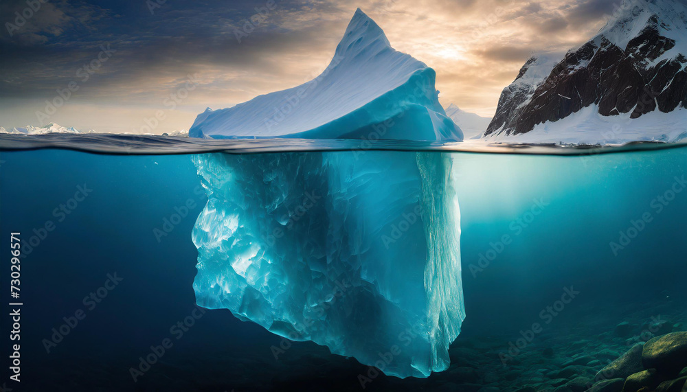 iceberg above, massive below, submerged in ocean depths. Symbolizing ...