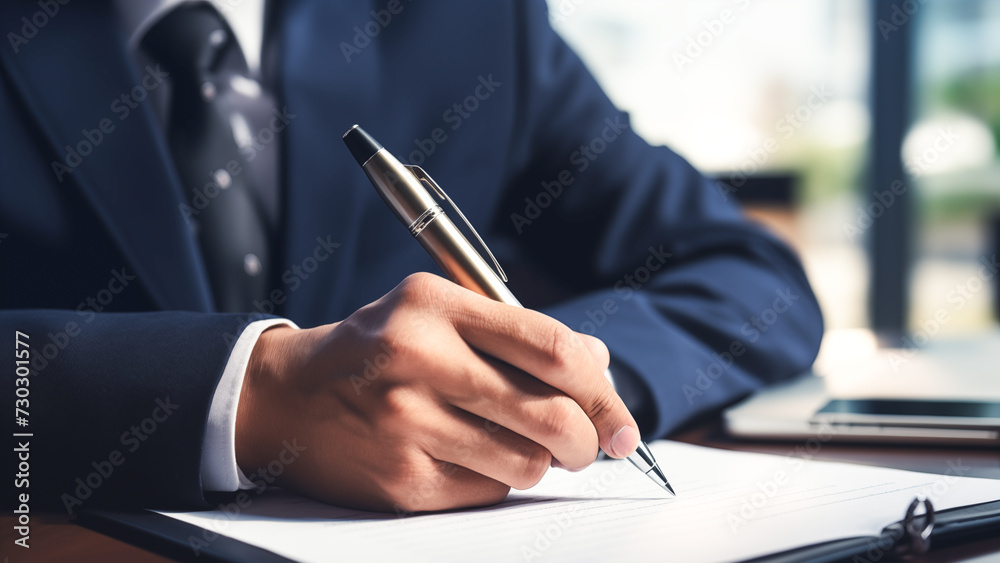 business employee writing notes and ideas in a diary for a new project ...