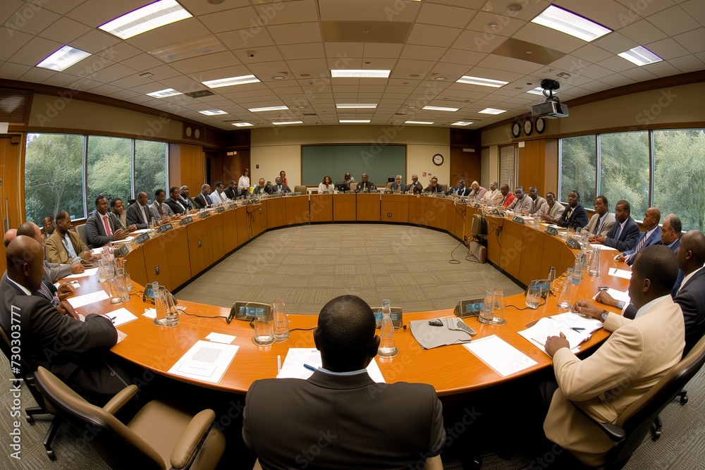 African American business leaders confer at table, reflection shows ...
