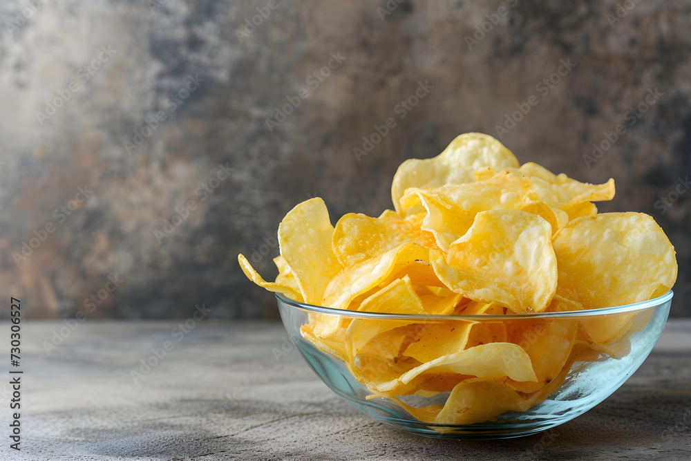 potato chips in a bowl on the table. minimalistic. copy space. glass ...