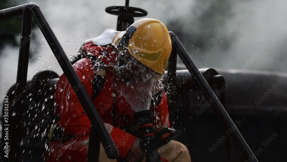 fireman cool down washing faces after finishing fire extinguishing ...