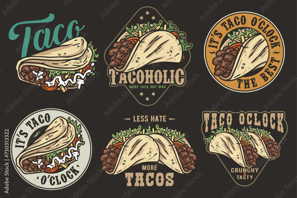 Mexican taco set vector with meat and vegetable for logo or emblem ...