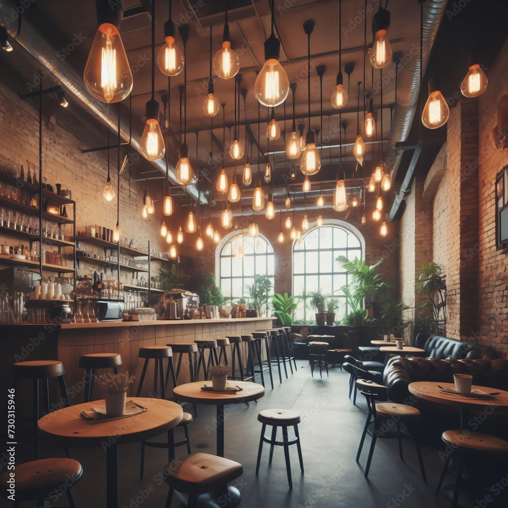 Industrial chic coffee shop with exposed brick walls and hanging Edison ...
