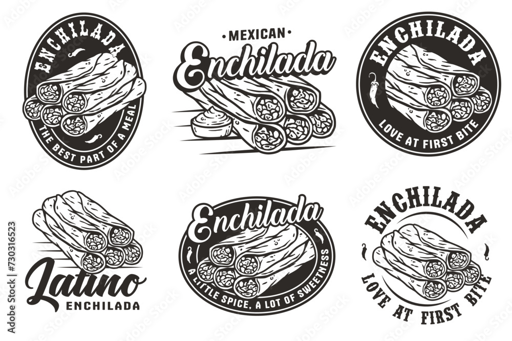 Vetor de Monochrome Mexican enchilada set vector with meat and rolled ...