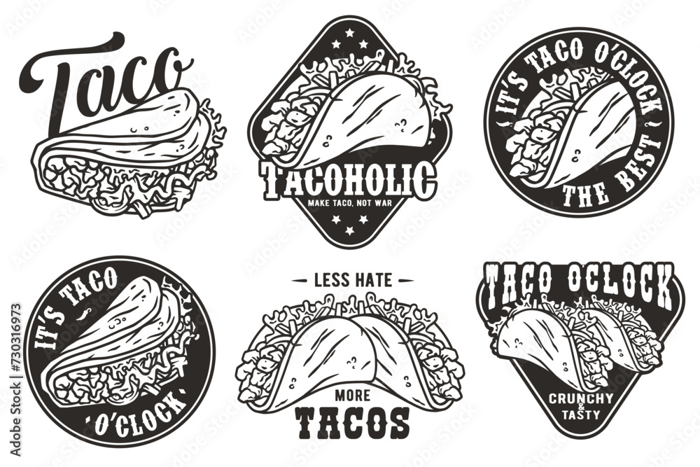 Monochrome Mexican taco set vector with meat and vegetable for logo or ...