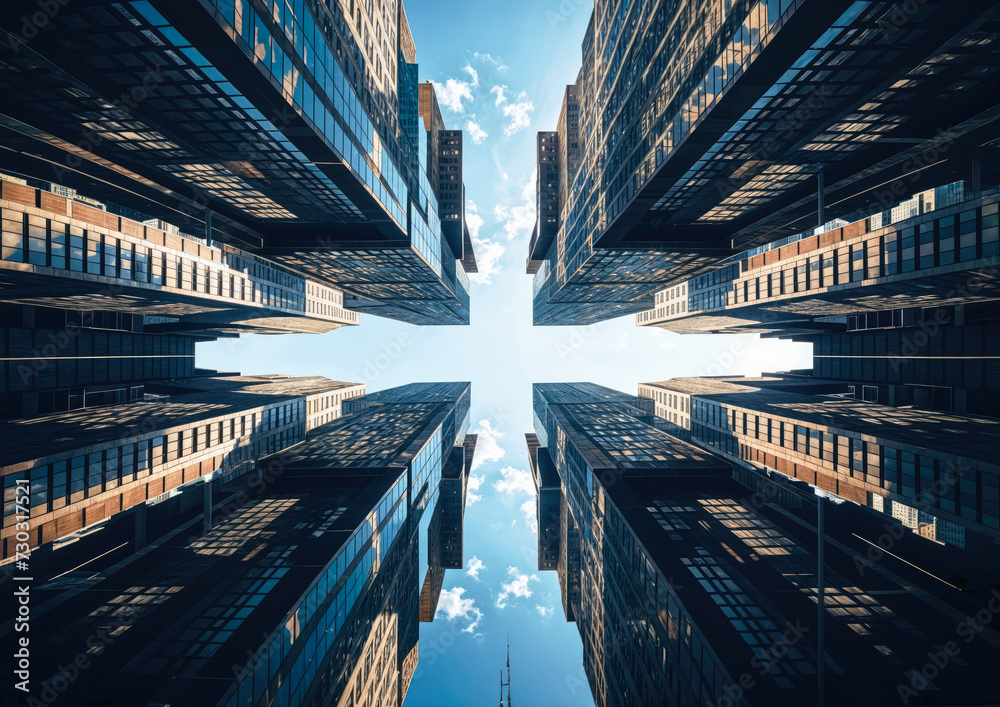 features a mirrored repetition of tall buildings, creating a cross ...