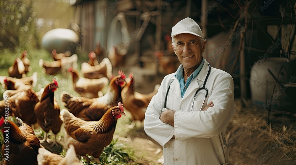 Doctor vet in a chicken poultry farm, emphasizing the collaboration ...