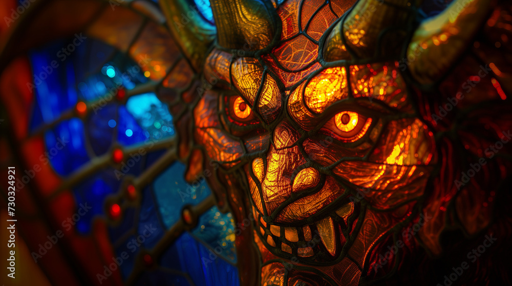Face of the demon Lucifer in the stained glass windows of a satanic ...