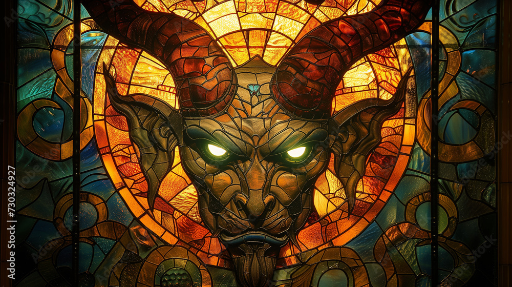 Stained glass window of a cathedral or Satanic church with the demonic ...