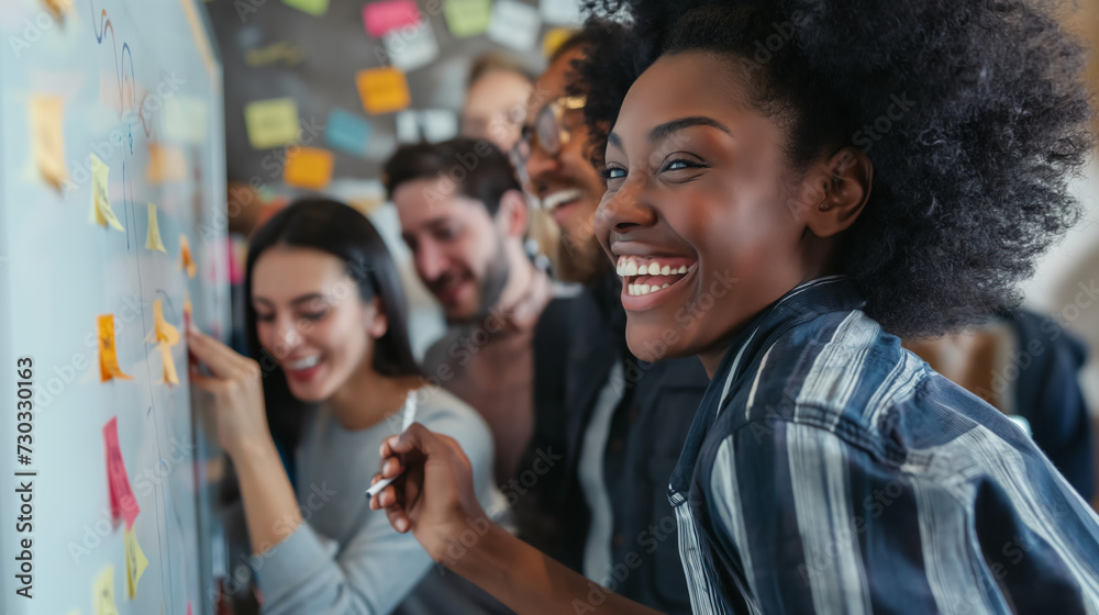Planning, teamwork and business people writing in office for calendar ...