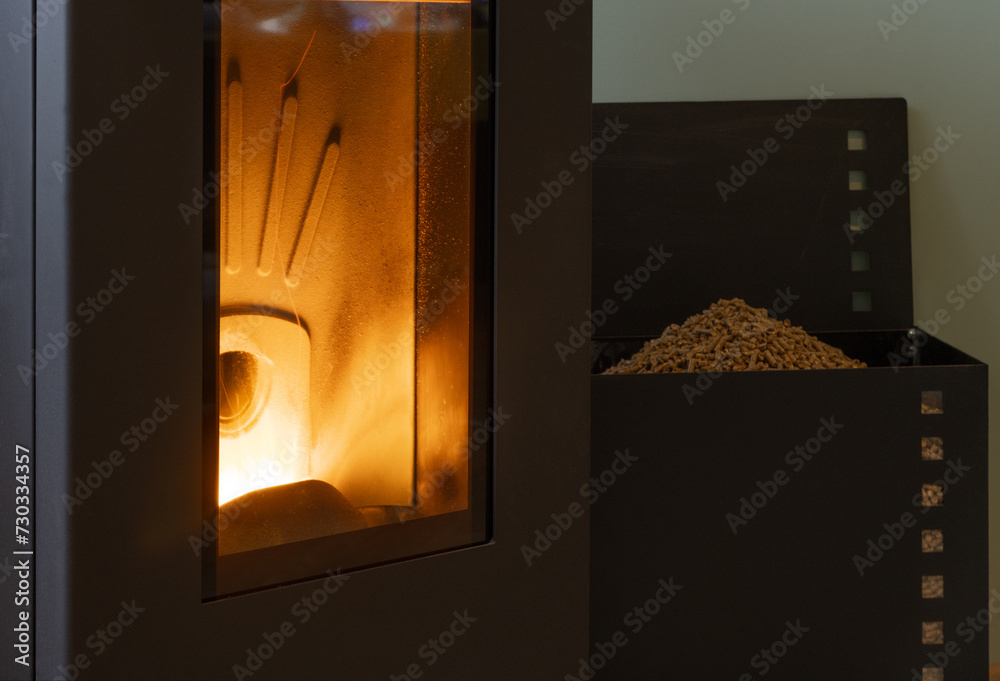Poster Poêle à granulés de bois avec réservoir à pellets – Muurposter ...