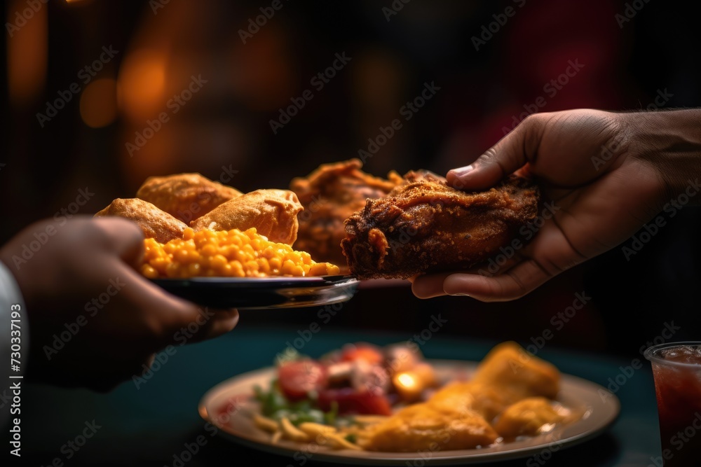 closeup two African American hands, one passing a piece of fried ...