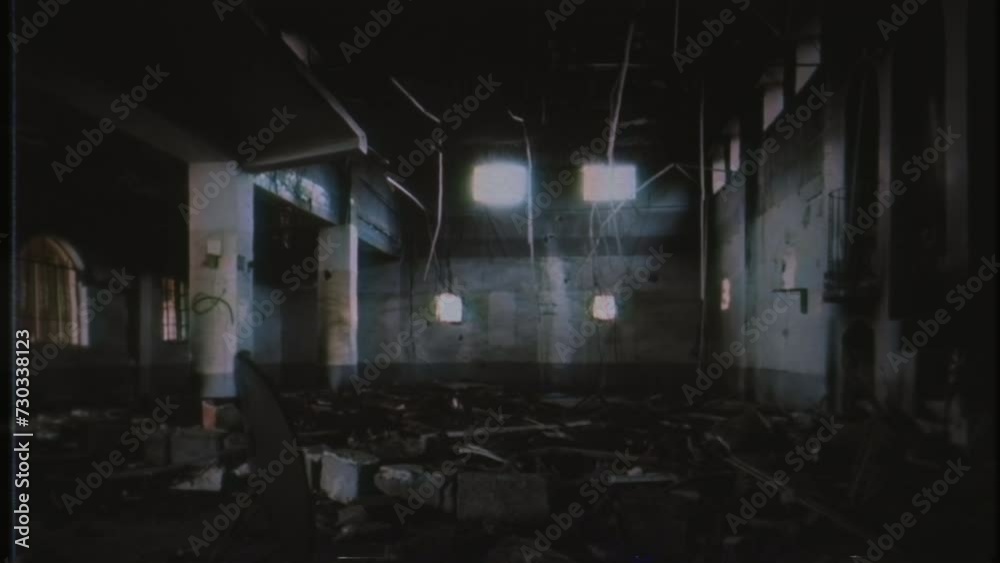 Destructed Building Interior Debris Vintage VHS Texture Tracking Shot ...