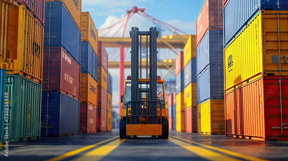 Freight logistics: Forklift handling container box, loading stacker at ...