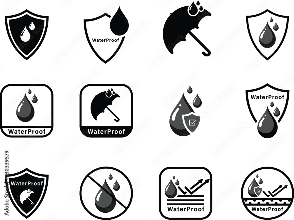 Waterproof icons. Water Proof. Collection of water-resistant signs ...