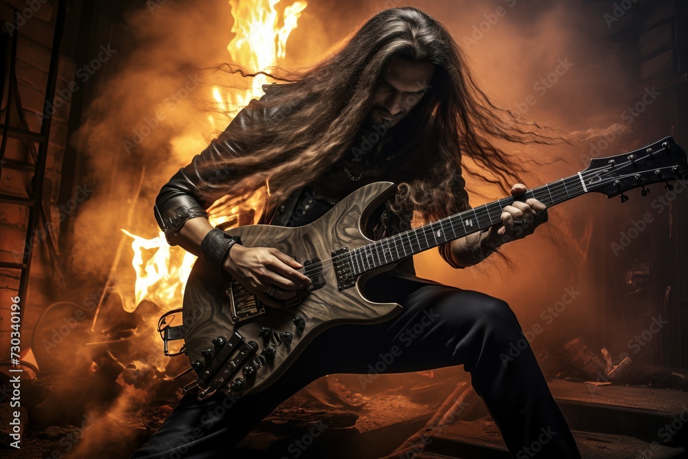 Thunderous Heavy metal guitarist night. Cool air. Generate Ai Stock ...