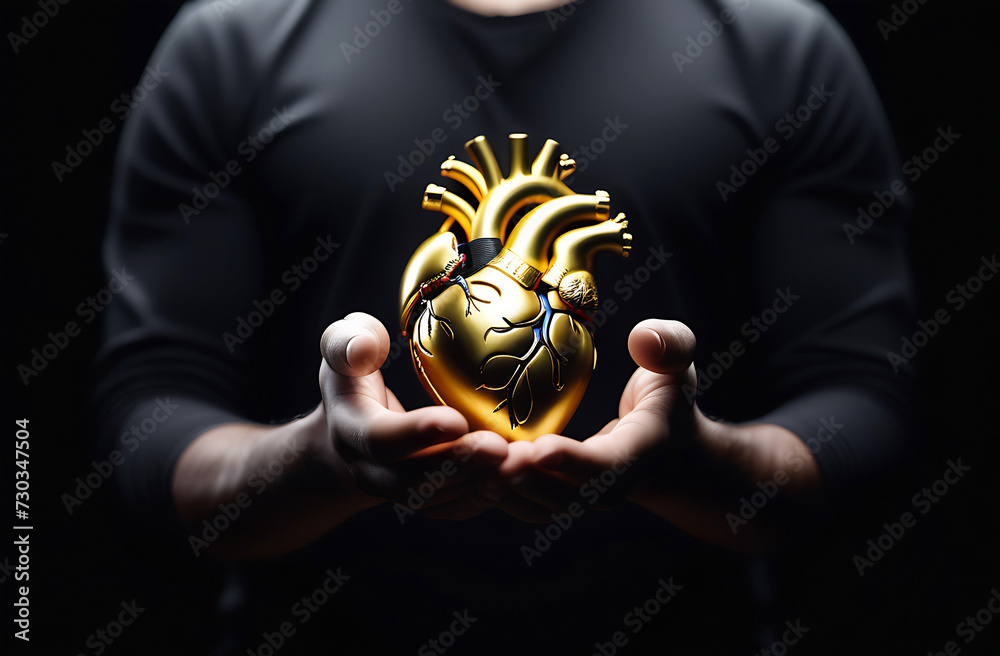 Gold Anatomical human Heart. Anatomy and medicine concept image. Hands ...