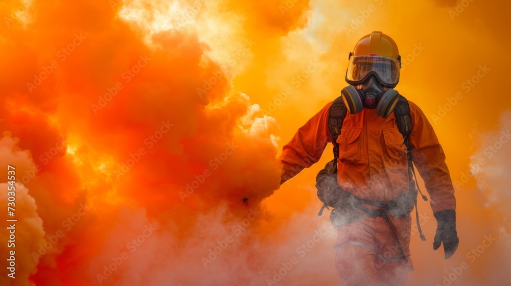 Rescue man in firefighter uniform and oxygen mask walk through orange ...