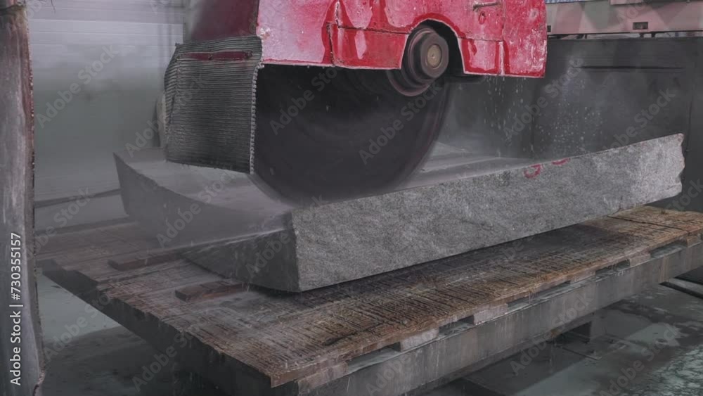 Close Up Of Heavy Saw Machine Cutting Stone Slab In An Industrial ...