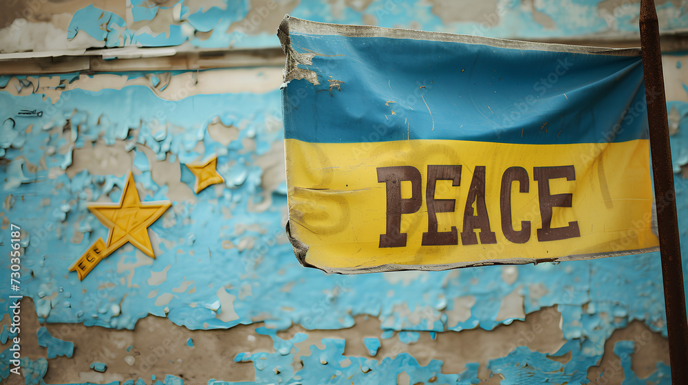 Ukrainian flag with the word "PEACE" on a wall. Warlike conflict. War ...