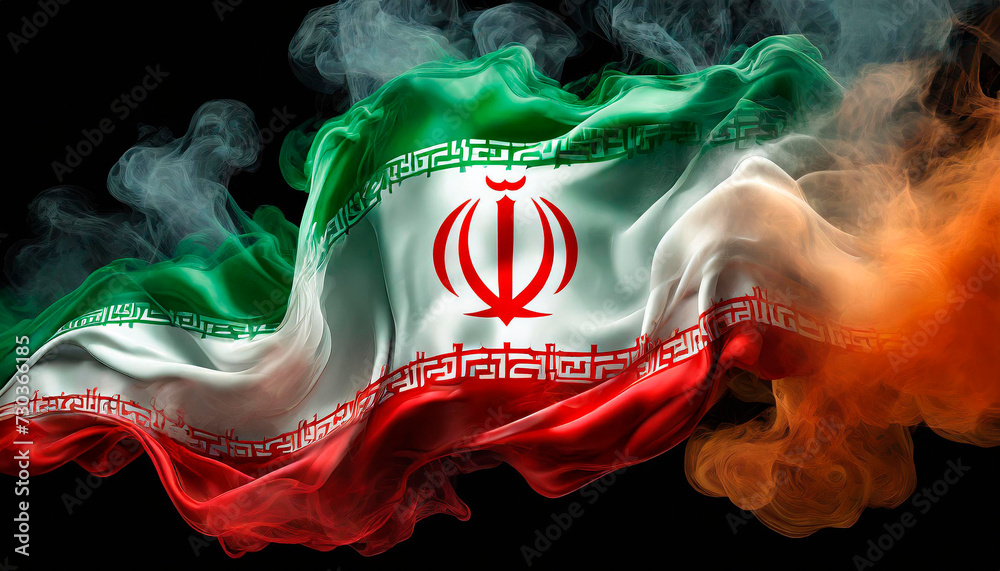 National Flag of Iran made of smoke, isolated on black background. The ...
