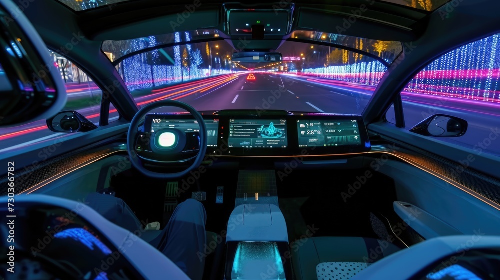 Inside view of an autonomous car's cockpit with holographic controls ...