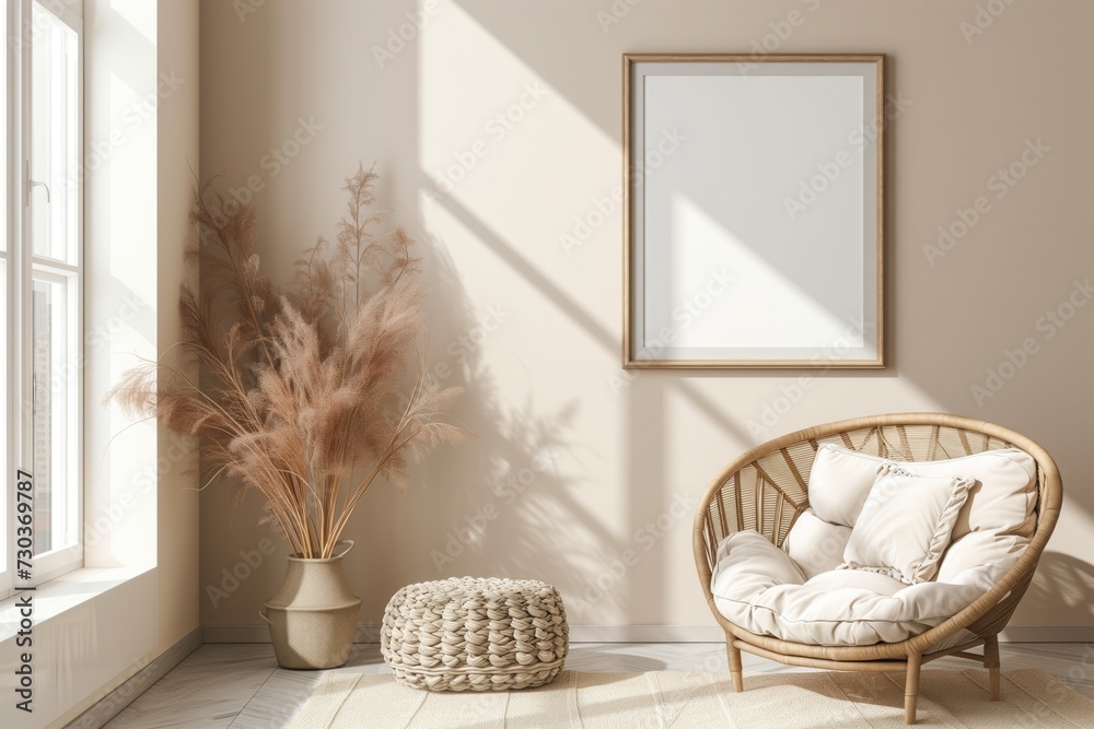 Frame mockup interior in beige colors with side view and glas Stock ...