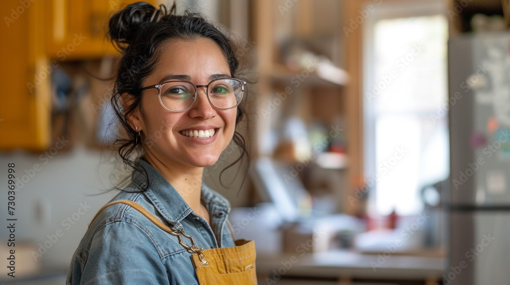 Portrait of delighted female homeowner renovating kitchen - Successful ...