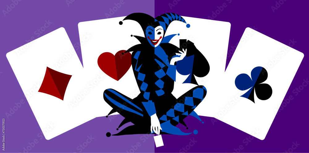 A blue joker sitting cross-legged against the aces of all suits of ...