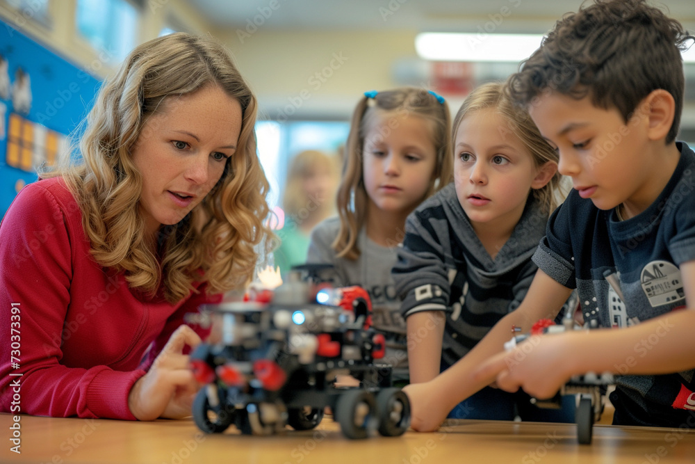Elementary school coding: Teacher demonstrating mechanical robot ...