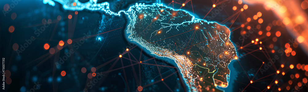 Abstract digital map of South America, South American global network ...