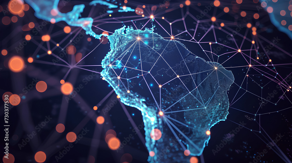 Abstract digital map of South America, South American global network ...