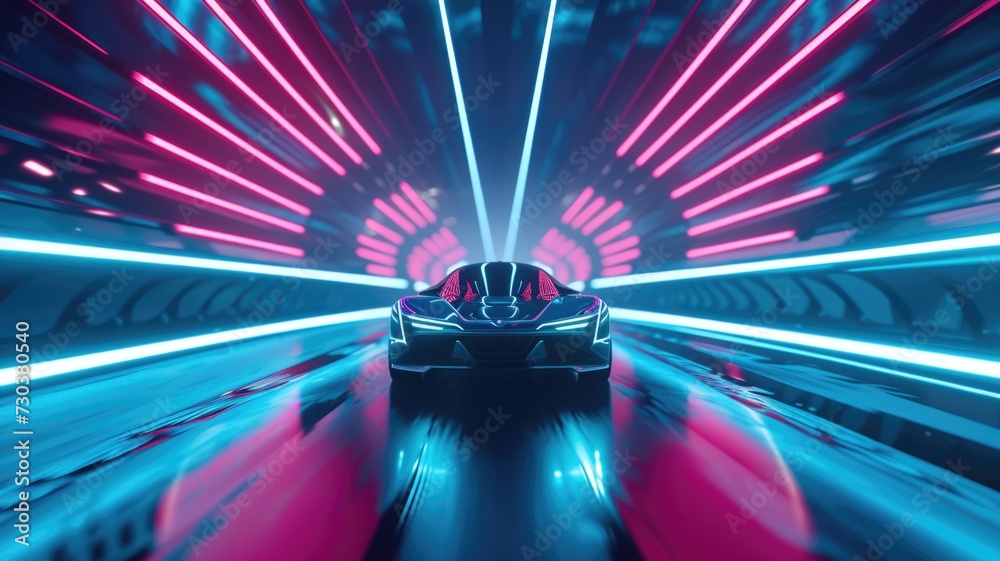 A robo-car navigating through a futuristic tunnel lit with neon ...