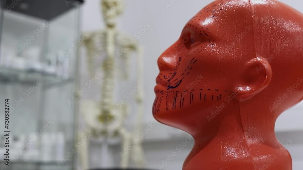 Plastic head rotates with cosmetology marking in room with skeleton ...