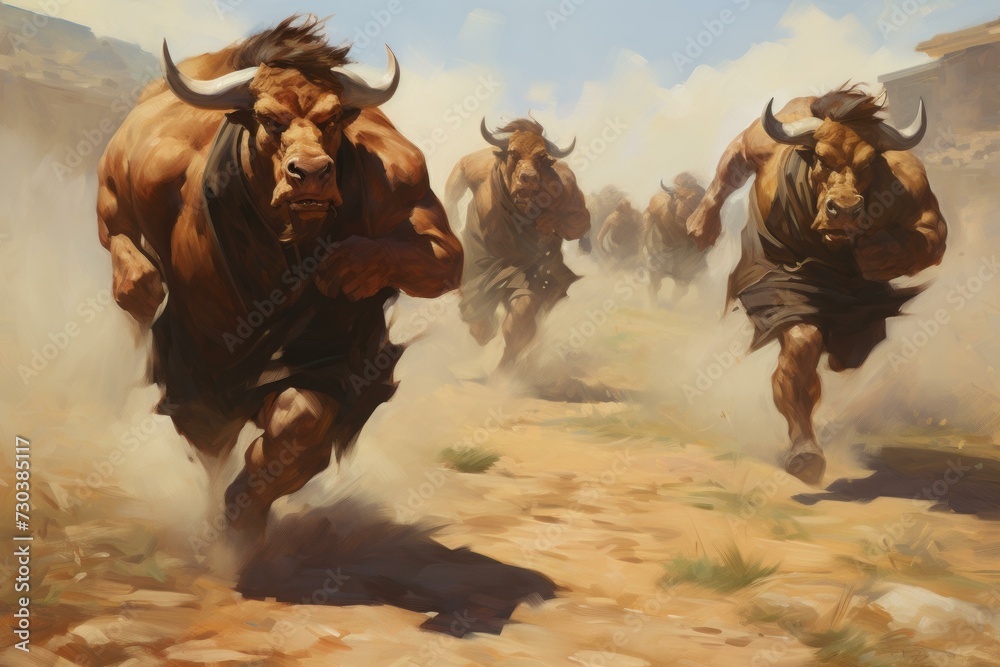 Minotaur myth illustration running battle. Fairy rage legend satanic ...